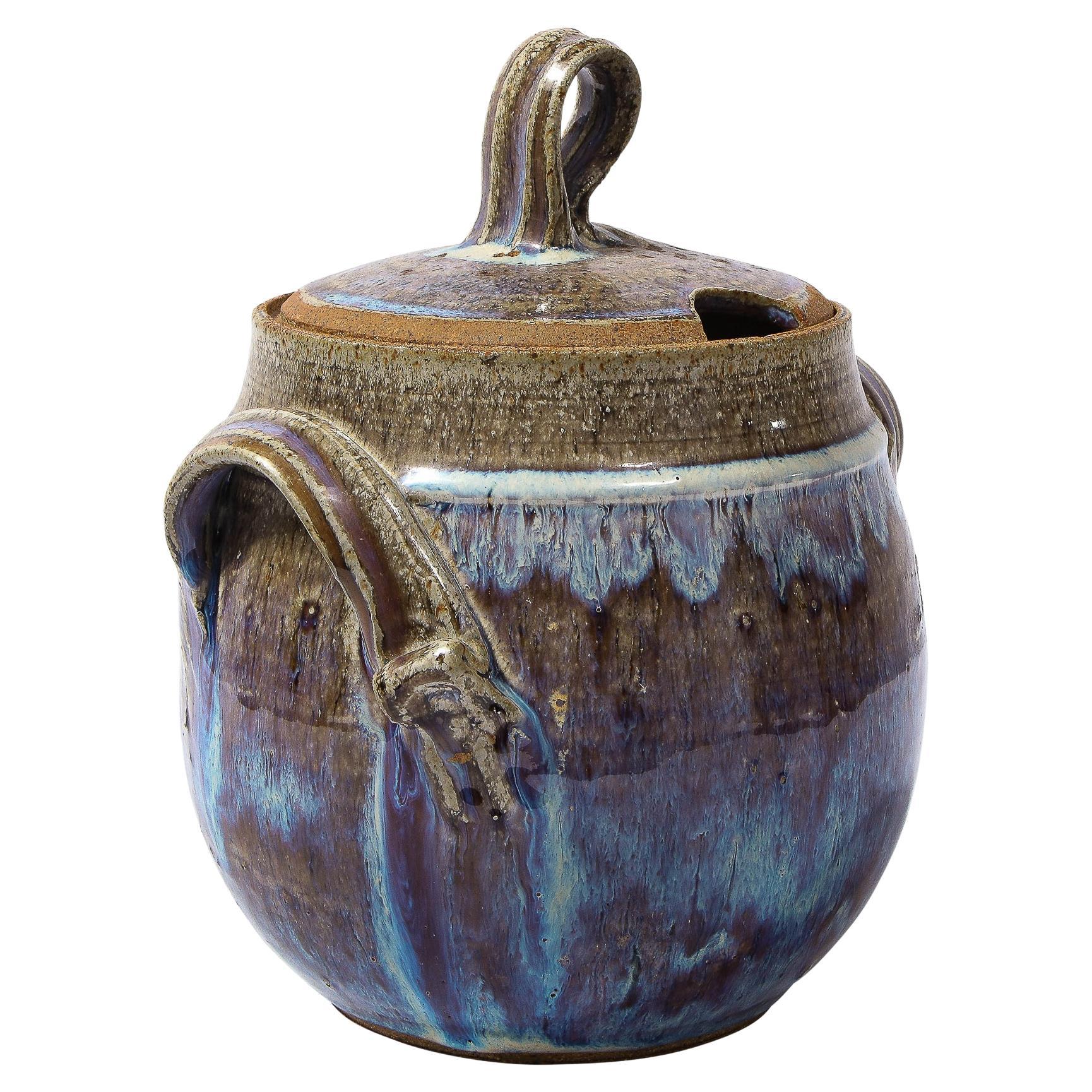 Mid-Century Modern Mottled Blue Glazed Ceramic Lidded Vessel Signed ...