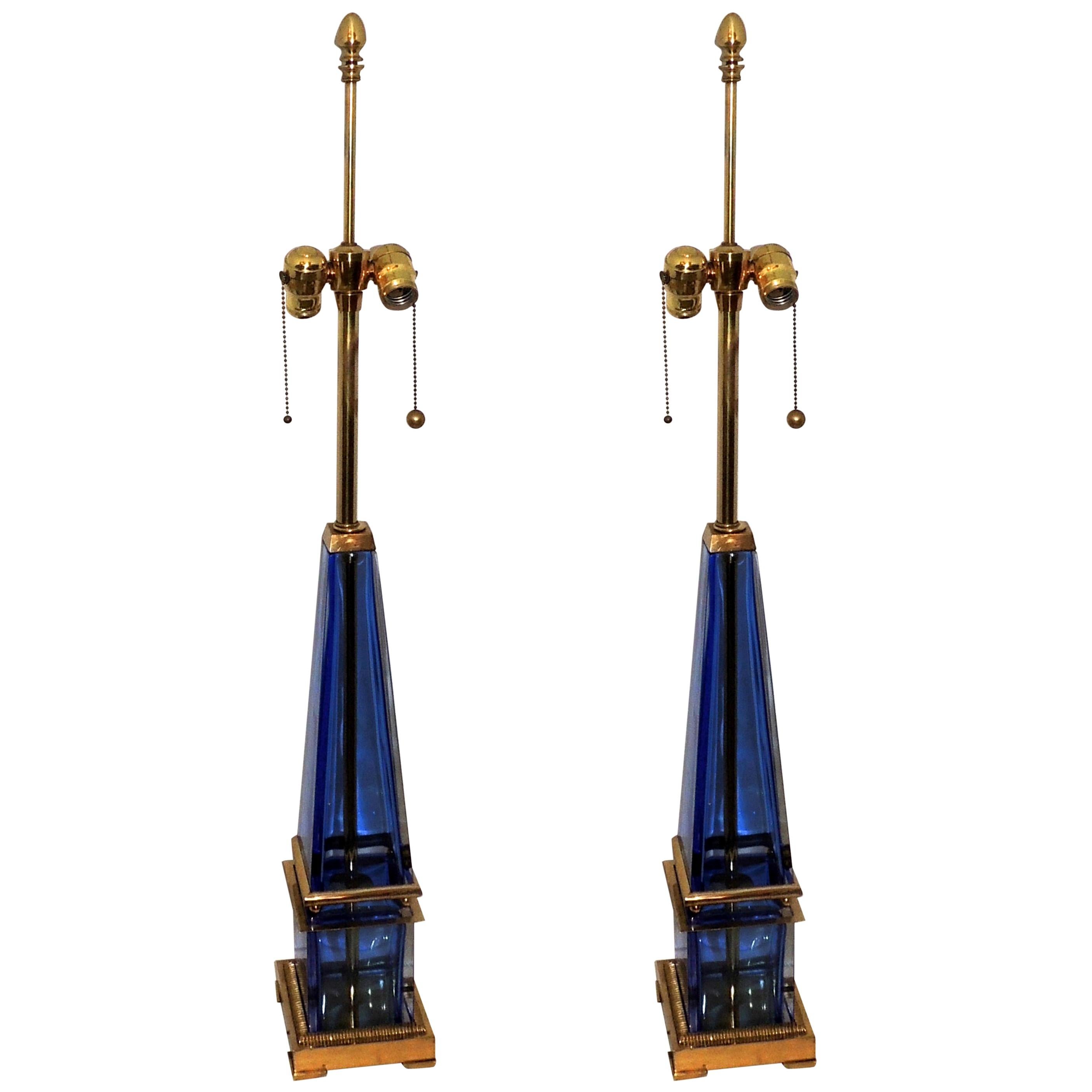 Mid-Century Modern Murano Blue Art Glass Brass Bronze Pair Obelisk ...