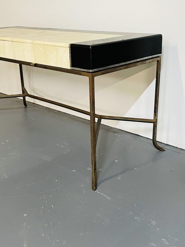 Mid Century Modern Neoclassical Style Desk, Black Leather with Greek ...