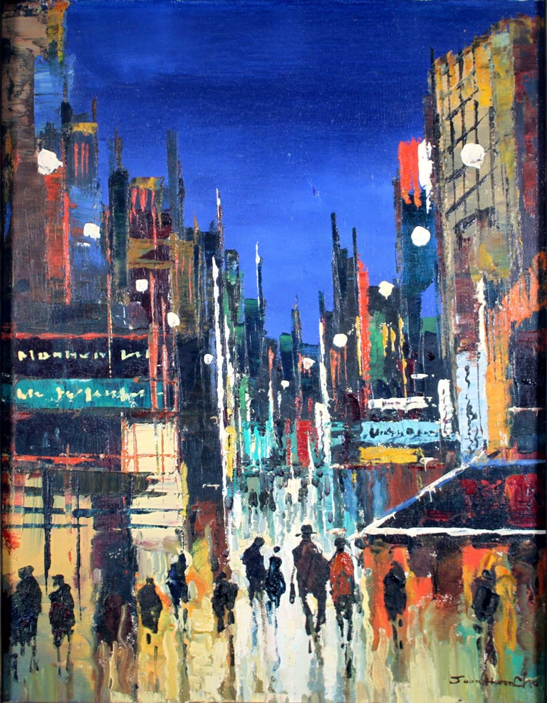 Mid-Century Modern Nightscape Oil Painting on Canvas Framed Signed Joan ...
