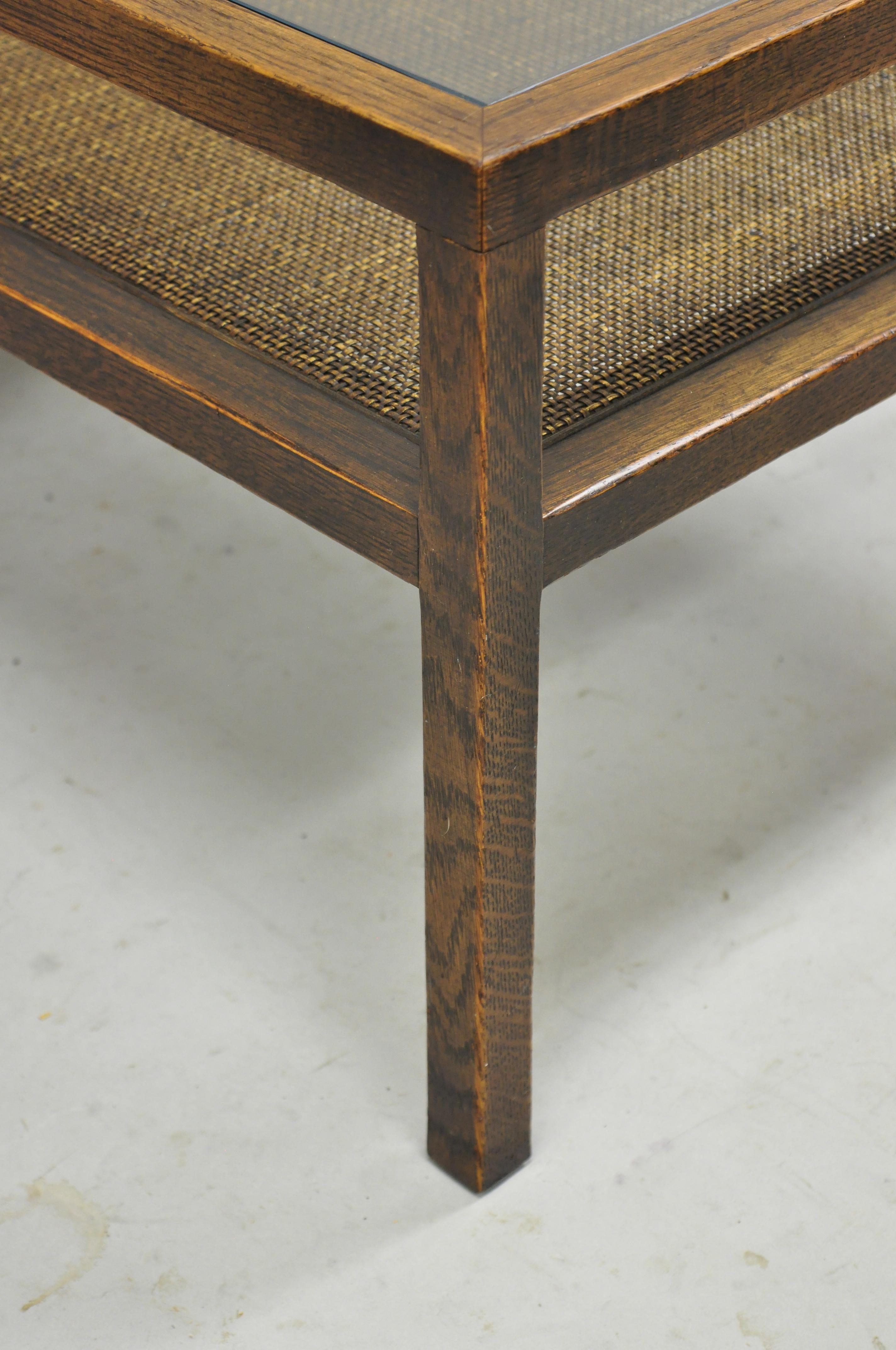 Mid-Century Modern Oak Wood and Cane 2 Tier Glass Top Side Table Dunbar ...