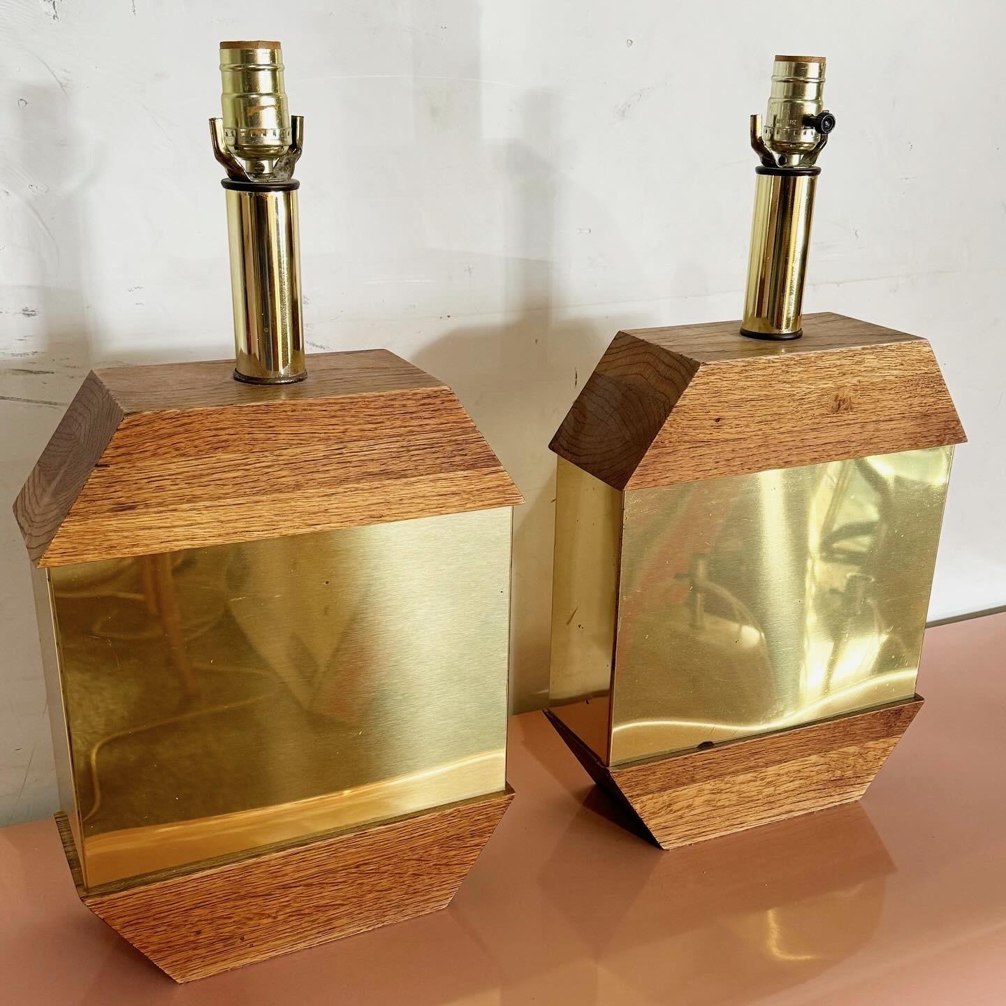 Mid Century Modern Octagonal Gold and Oak Wood Lamps - a Pair For Sale ...