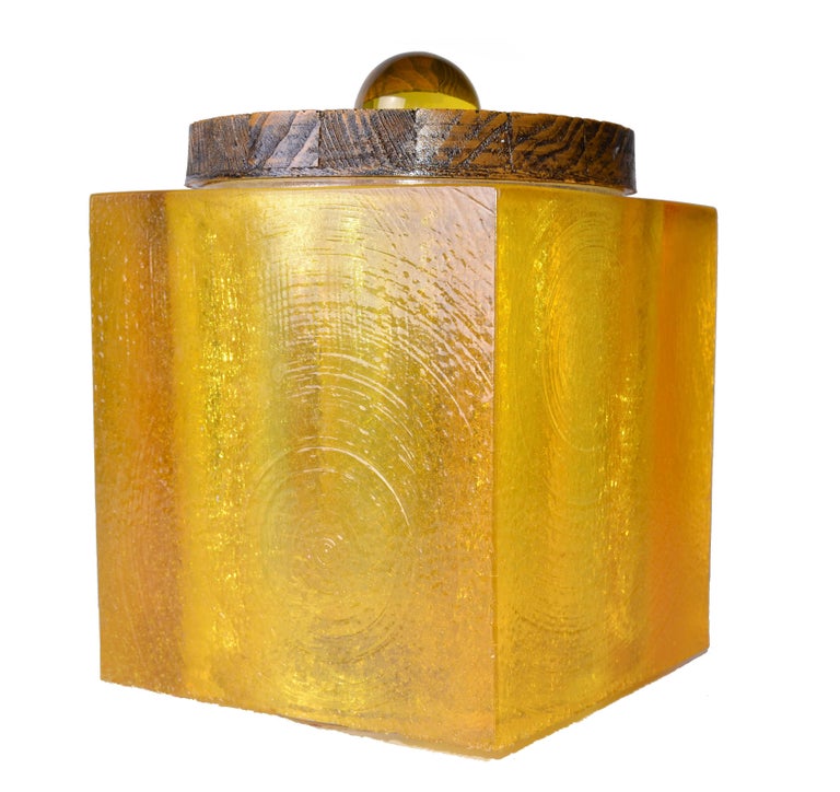 Mid-Century Modern Amber Color Acrylic Cork and Wood Ice Bucket at 1stDibs