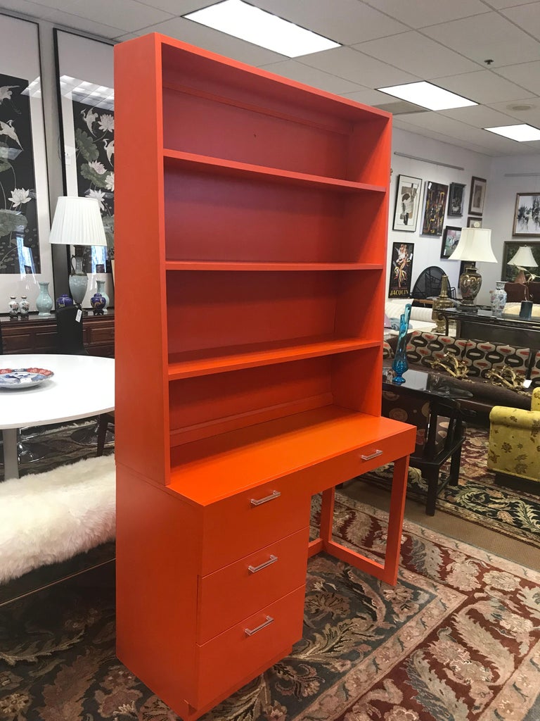 Mid-Century Modern Orange Lacquer Writing Desk Bookcase Secretary at ...