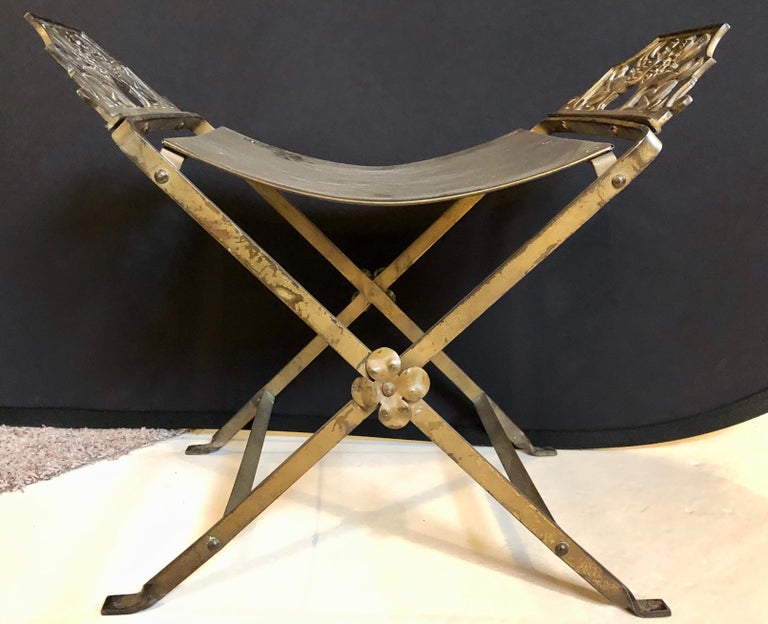 Mid-Century Modern Oscar Bach Style Iron X-Base Bench Stool with Winged ...