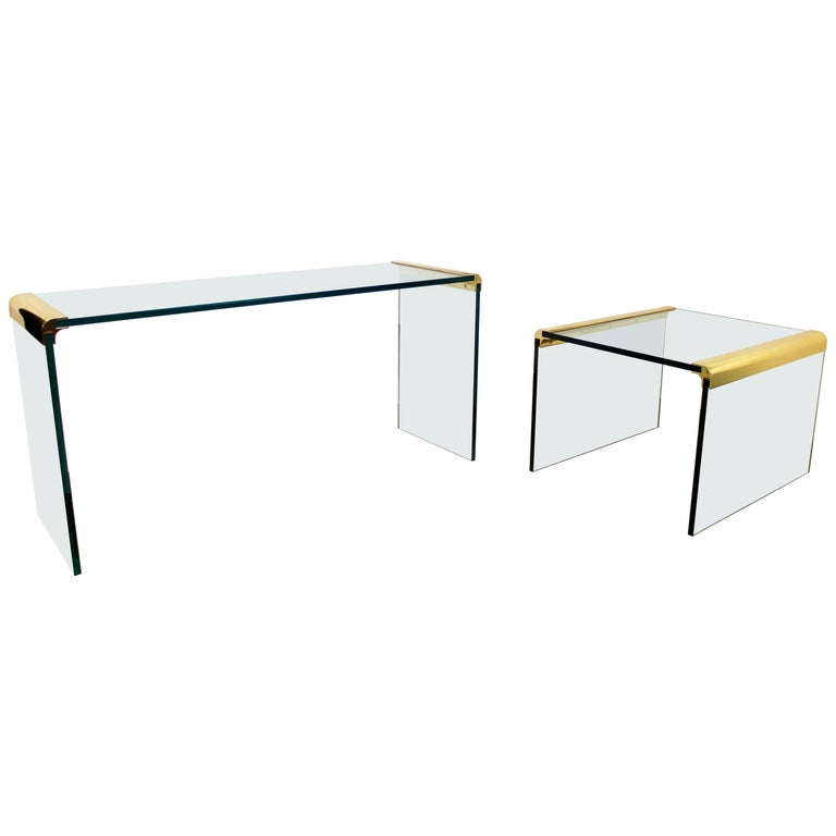 Mid-Century Modern Pace Waterfall Pair of Tables Console and Side Brass ...