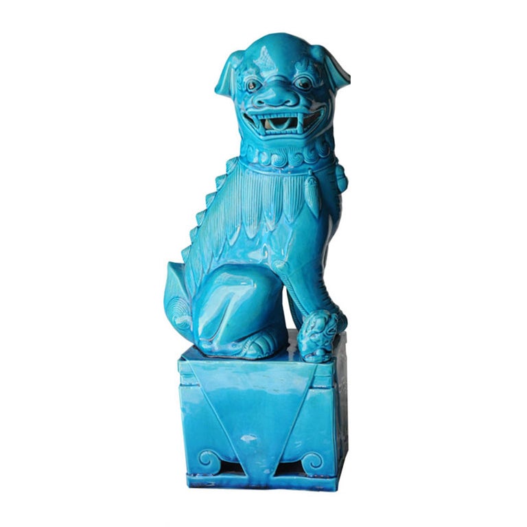 Mid-Century Modern Pair of Blue Glazed Porcelain Oriental "Foo" Dogs ...