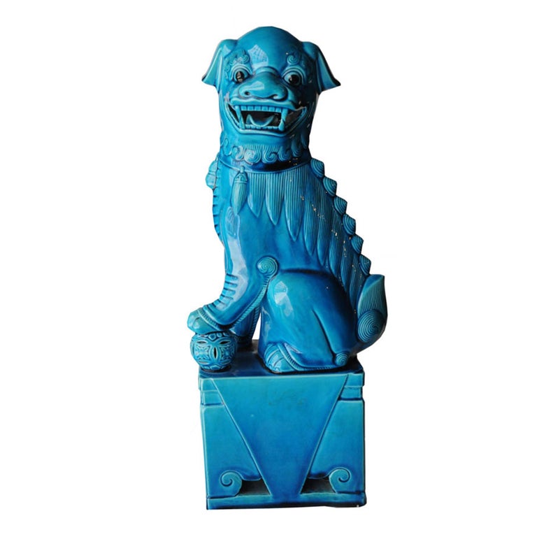 Mid-Century Modern Pair of Blue Glazed Porcelain Oriental "Foo" Dogs ...