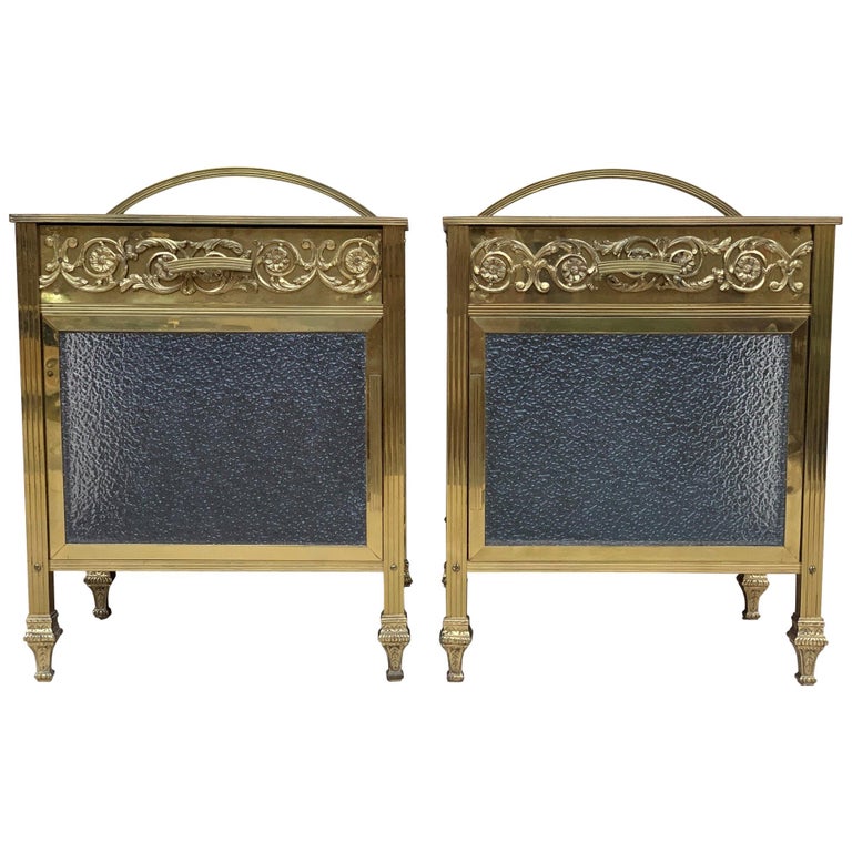 Mid-Century Modern Pair of Bronze Vitrine Nightstand with Glass Door ...