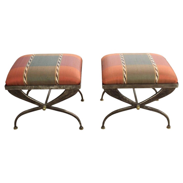 Mid Century Modern Pair of Gunmetal and Brass X Base Ottomans by ...