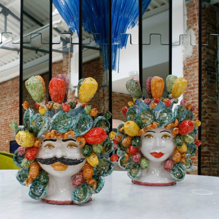 Mid-Century Modern Pair of Heads Shape Sicilian Terracotta Hand Painted ...