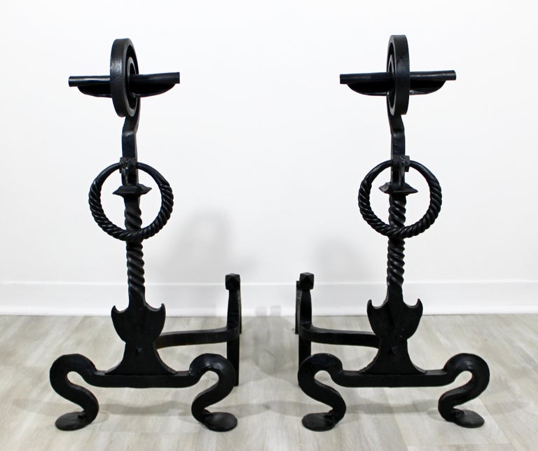 Mid-Century Modern Pair of Large Blacksmith Hand Forged Andirons, 1960s ...