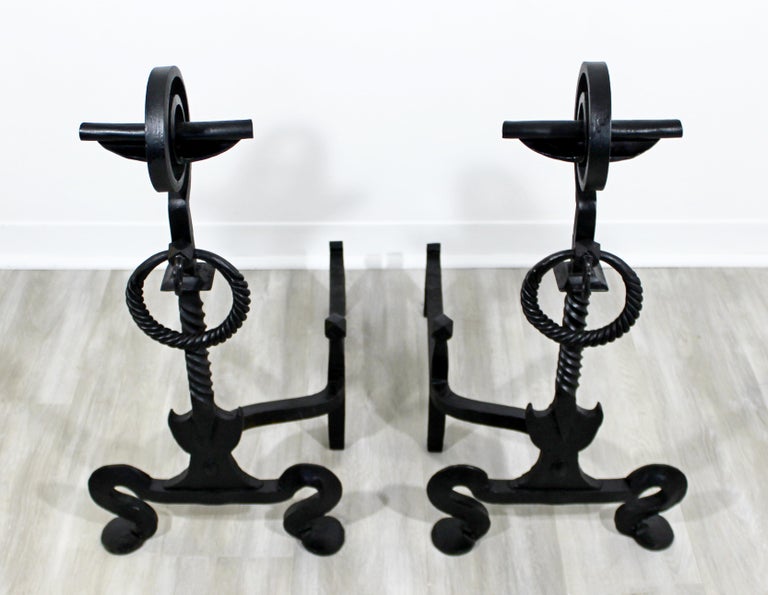 Mid-Century Modern Pair of Large Blacksmith Hand Forged Andirons, 1960s ...