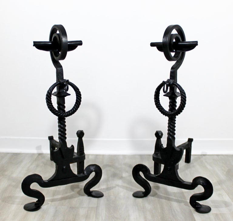 Mid-Century Modern Pair of Large Blacksmith Hand Forged Andirons, 1960s ...