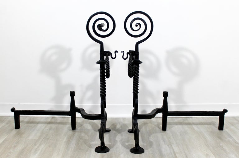 Mid-Century Modern Pair of Large Blacksmith Hand Forged Andirons, 1960s ...