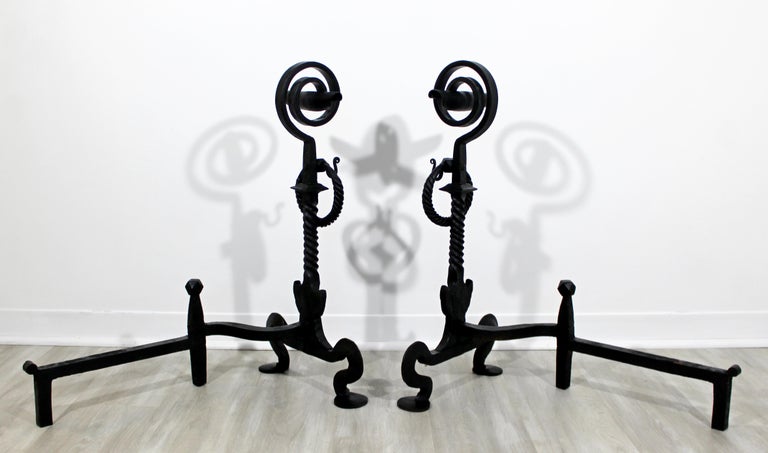 Mid-Century Modern Pair of Large Blacksmith Hand Forged Andirons, 1960s ...