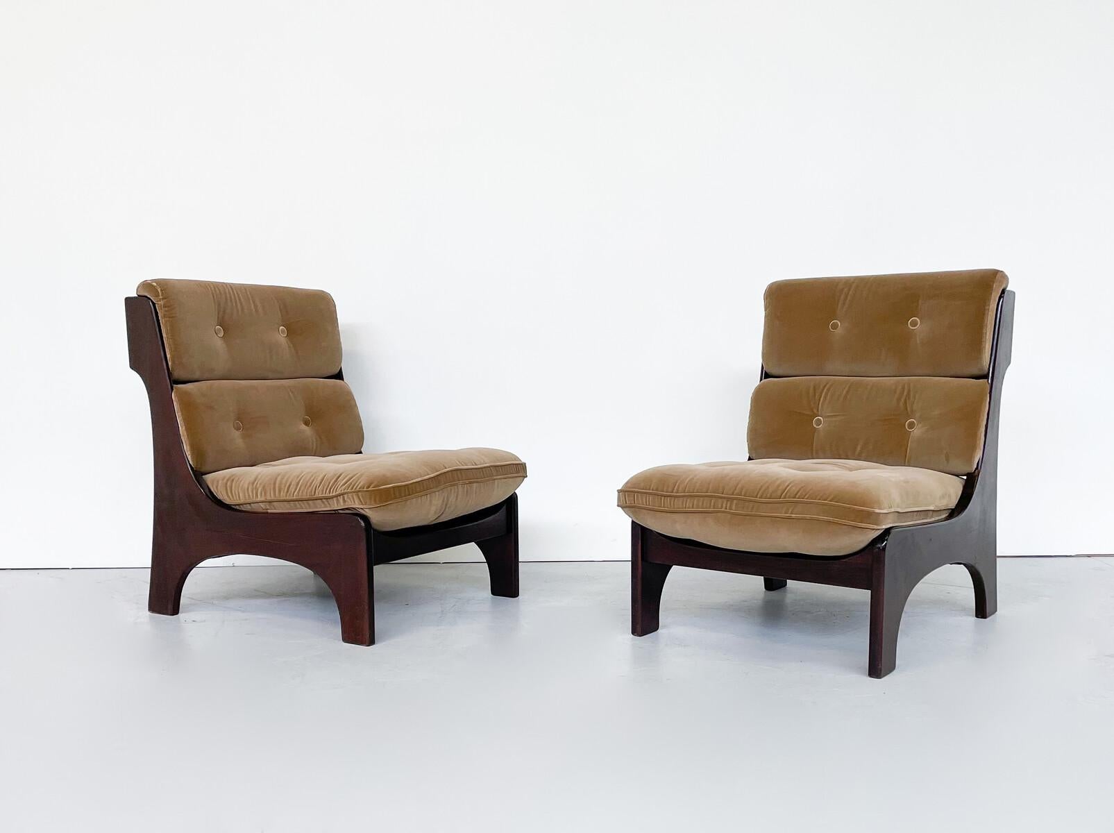 Mid-Century Modern Pair of Low Chairs, Teak and Velvet, Italy, 1960s ...