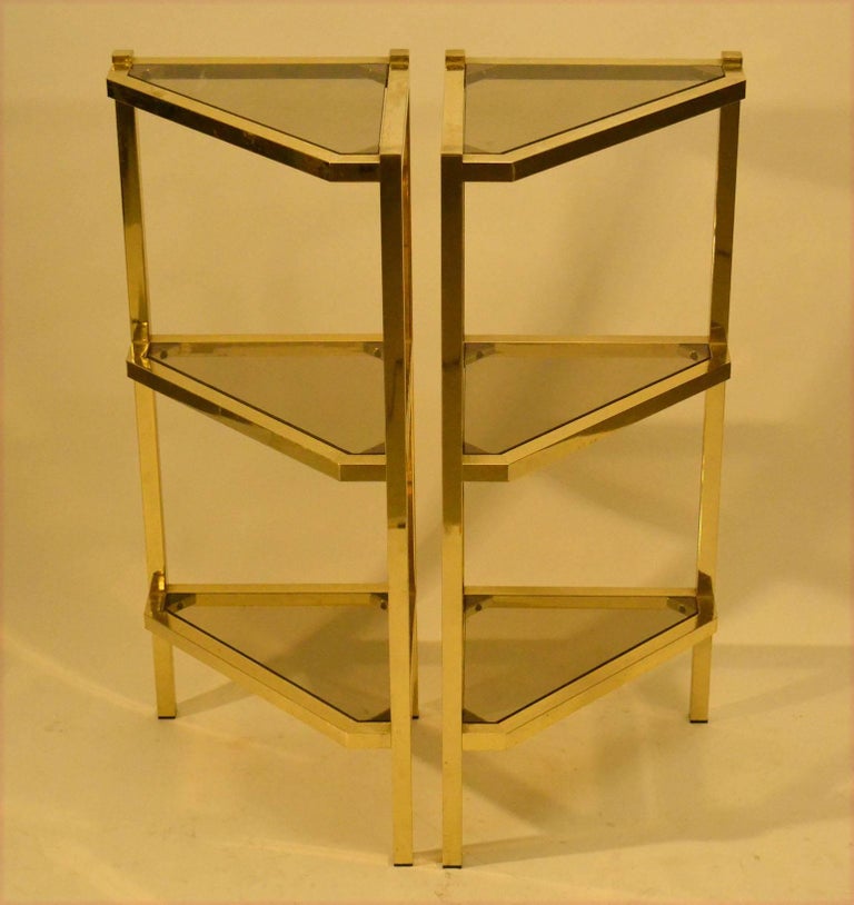 Pair of Triangular Brass and Glass 1970's Shelving Units For Sale at ...