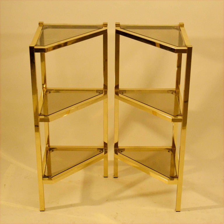 Pair of Triangular Brass and Glass 1970's Shelving Units For Sale at ...