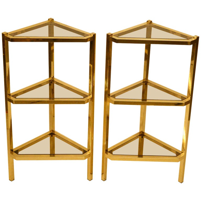 Pair of Triangular Brass and Glass 1970's Shelving Units For Sale at ...