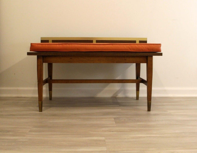 Mid-Century Modern Pecan Wood Bench with Brass Accents, 1960s at 1stDibs