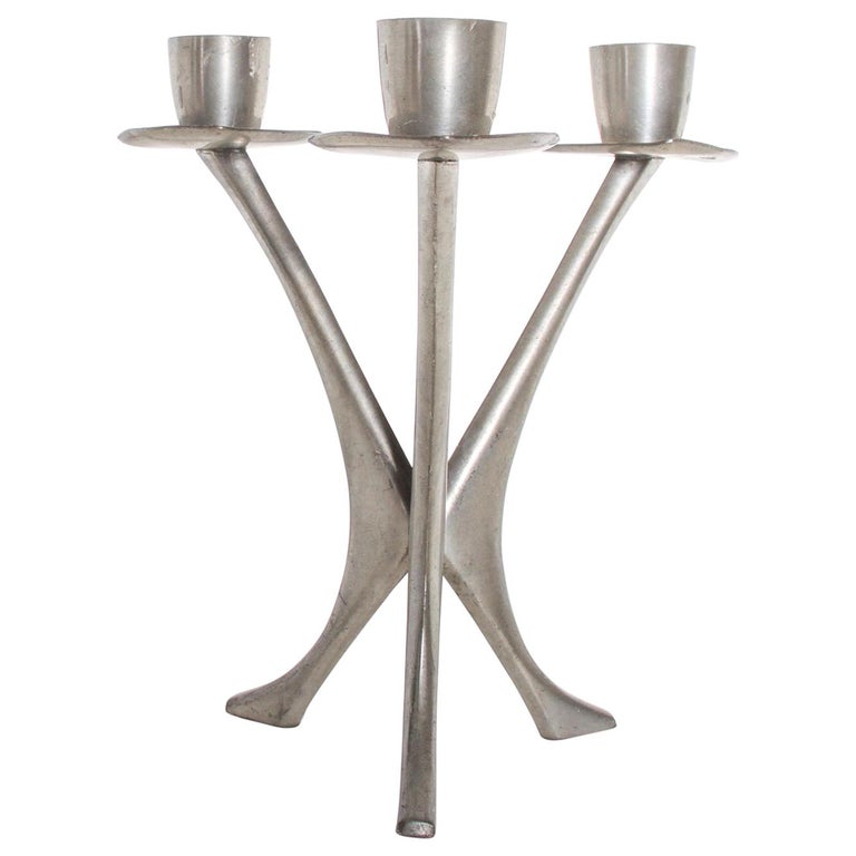 Mid-Century Modern Pewter Candleholder Trio Candelabra, B M Pewter ...