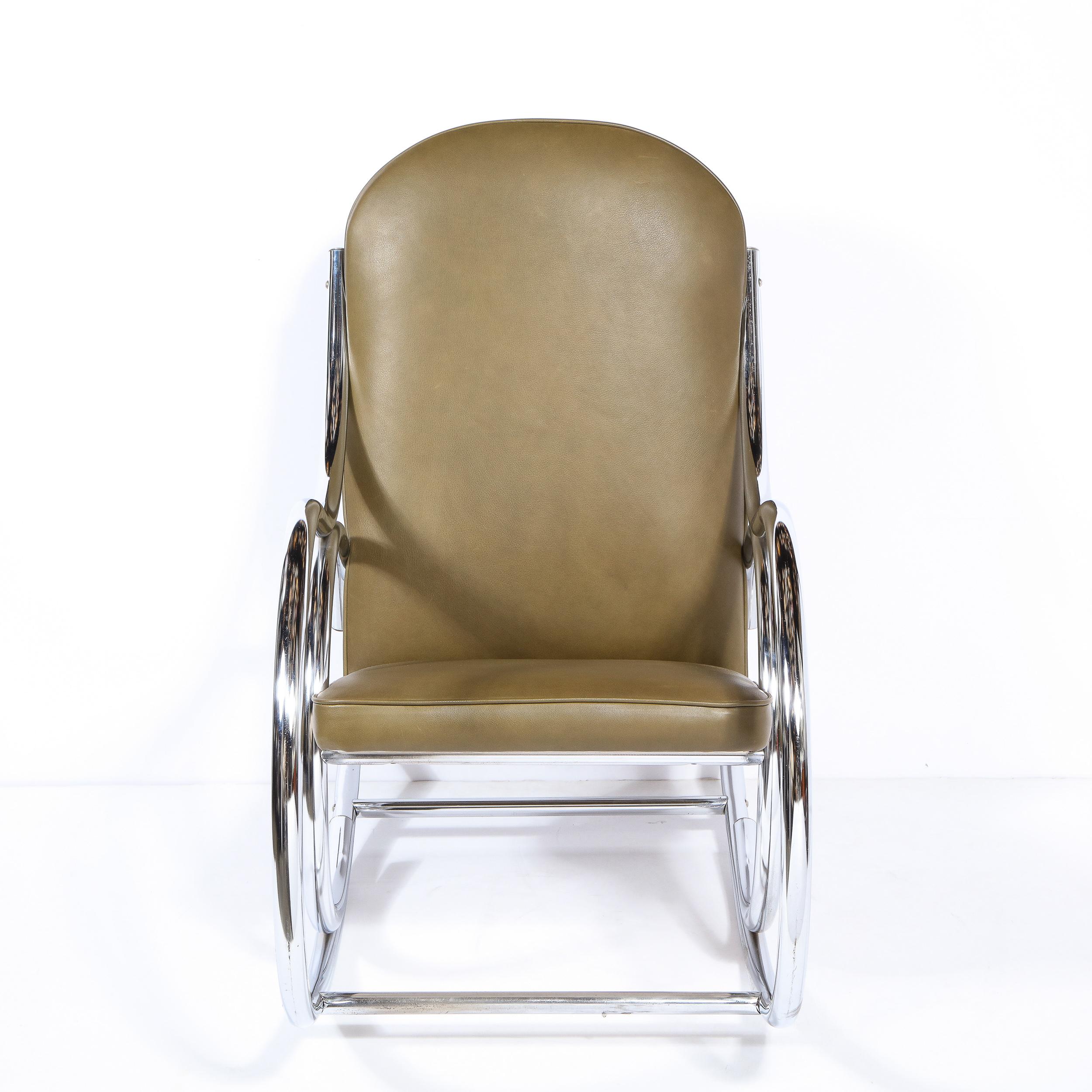Mid-Century Modern Polished Chrome Curvilinear Rocking Chair in Olive ...