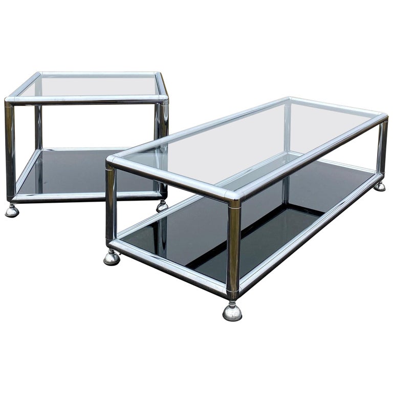 Mid-Century Modern Polished Chrome Tubular Coffee and Side Table Set at ...