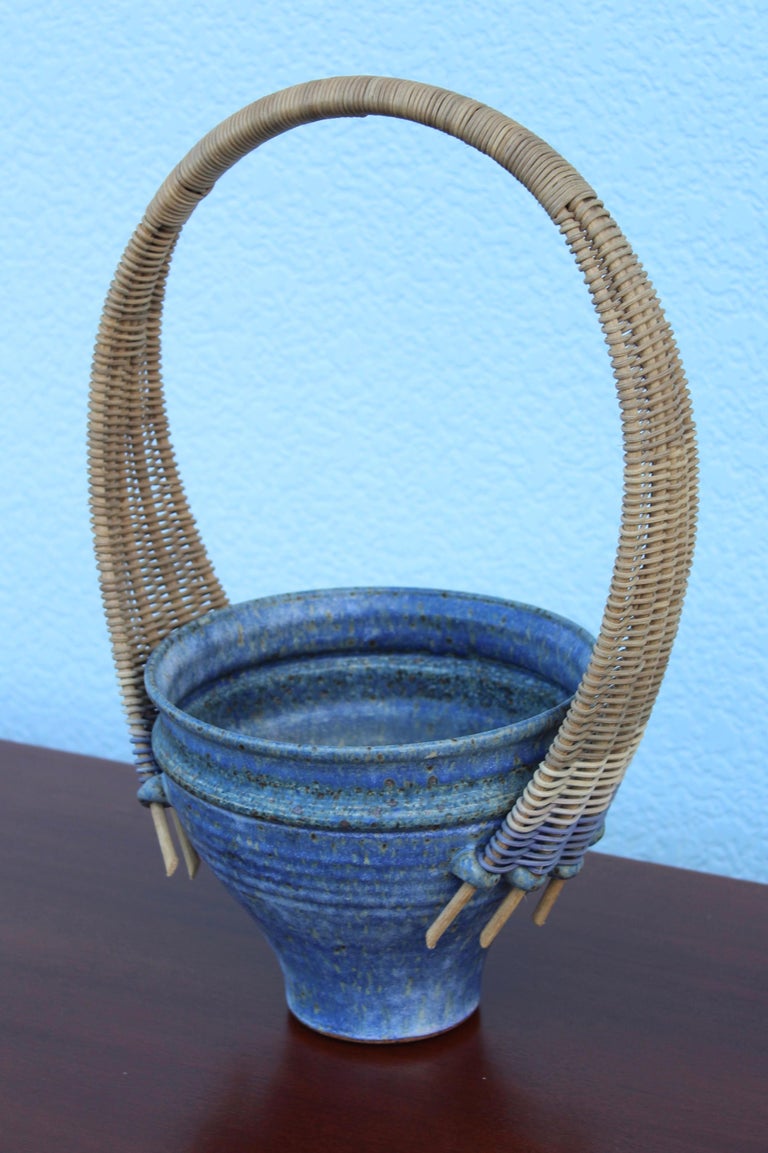 Mid-Century Modern Pottery Vase with Handle at 1stDibs