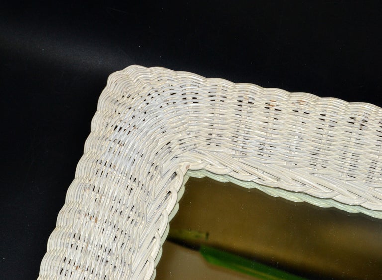 Mid-Century Modern Rectangular Handmade White Finished Wicker and Wood ...