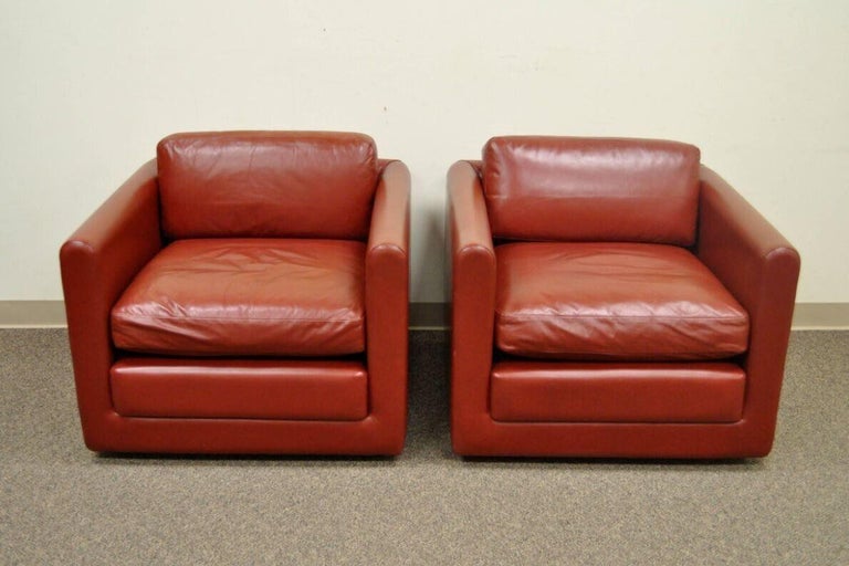 Mid-Century Modern Red Leather Cube Club Lounge Chairs on Casters, a ...