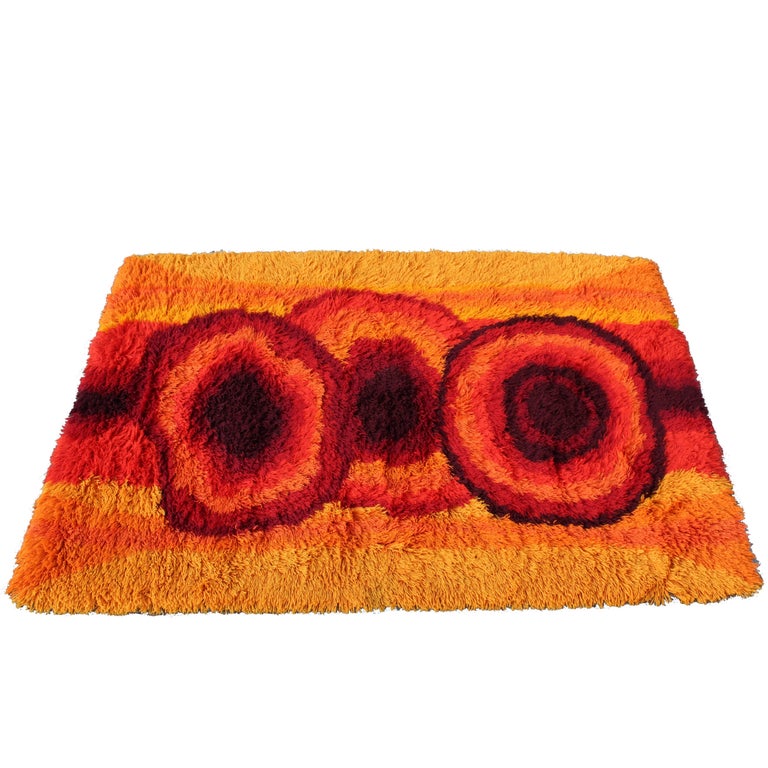 Mid-Century Modern Red Orange Rya Shag Area Rug Carpet 1970s at 1stDibs
