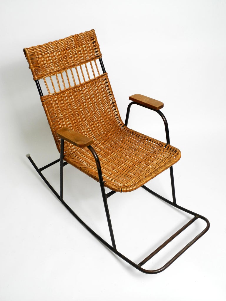 Mid-Century Modern Rocking Chair Made of Black Painted Metal and Rattan ...