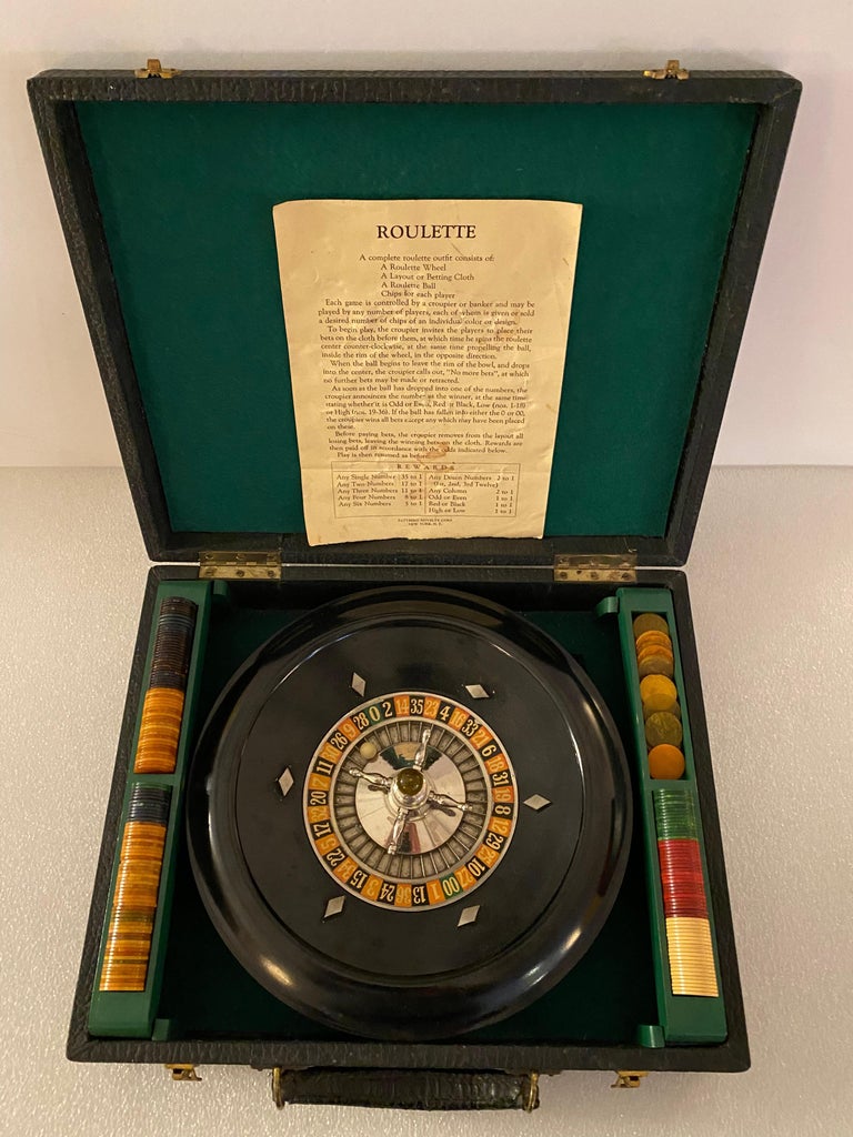 Mid-Century Modern Roulette Set with Bakelite Handle and Chips in ...