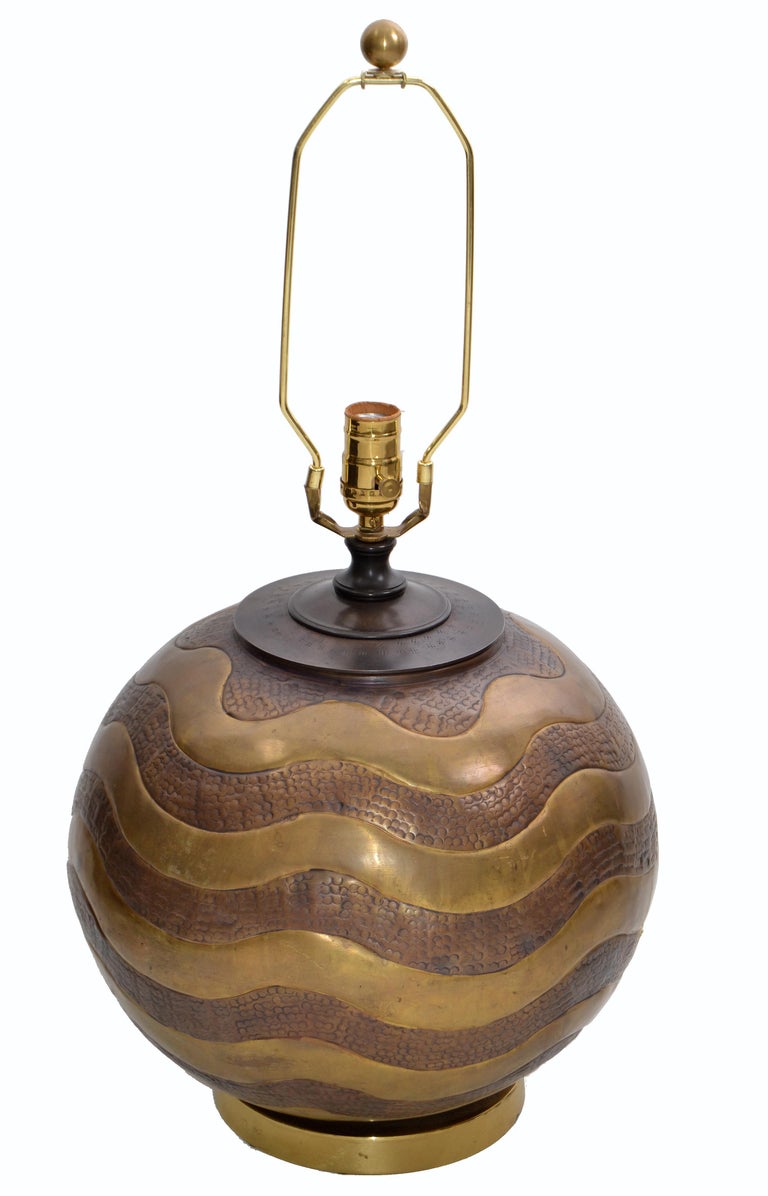 Mid-Century Modern Round Hammered Brass, Copper and Bronze Table Lamp ...