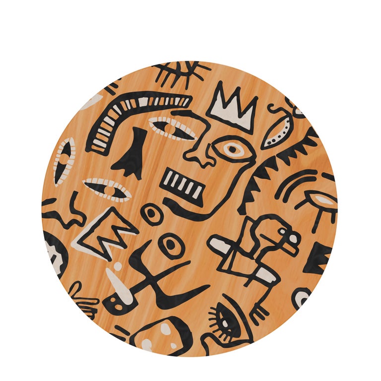 Mid-Century Modern Round Side Table Basquiat Print Inspo Wood Marquetry ...