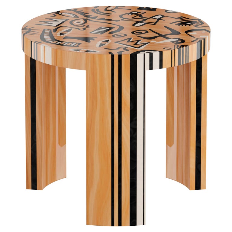 Mid-Century Modern Round Side Table Basquiat Print Inspo Wood Marquetry ...