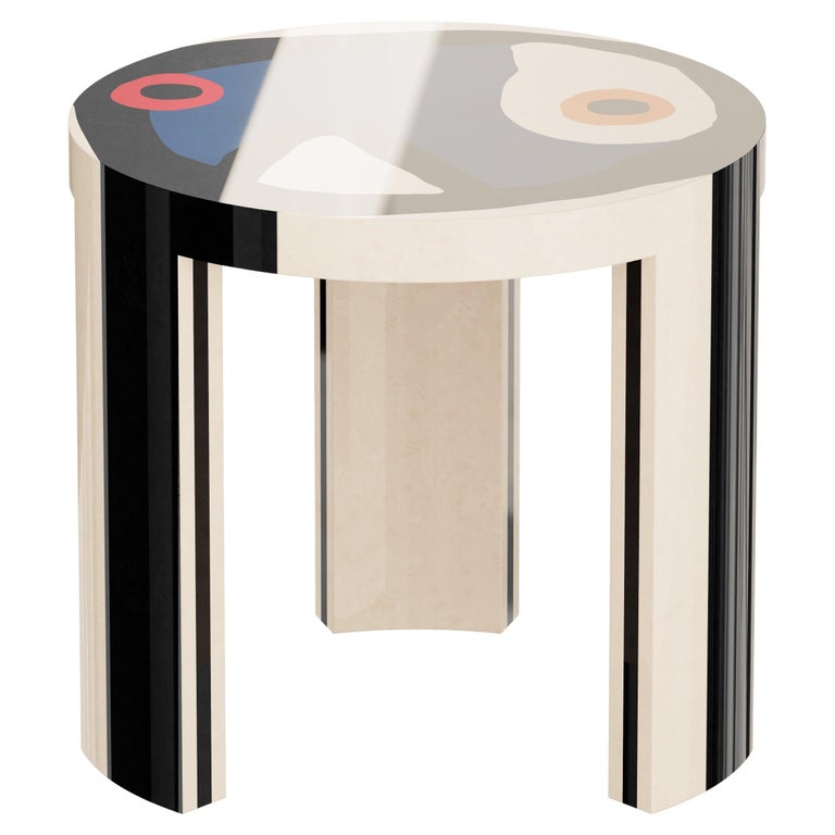 Mid-Century Modern Round Side Table Surrealist Miró Print Blue Wood ...