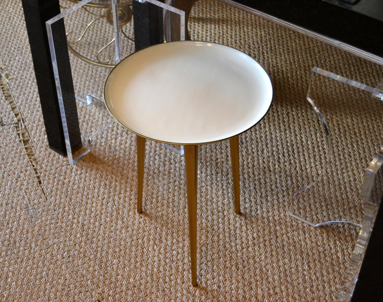 Mid-Century Modern Round Three-Legged Brass and Beige Enamel Side, End ...