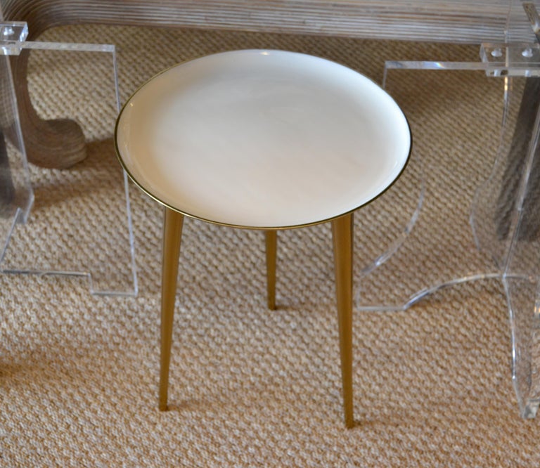 Mid-Century Modern Round Three-Legged Brass and Beige Enamel Side, End ...