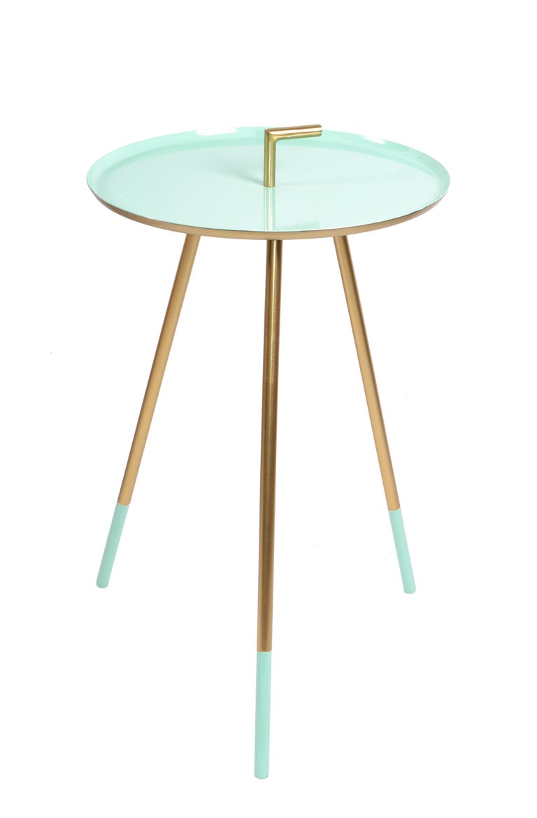 Mid-Century Modern Round Three-Legged Brass and Turquoise Enamel Side ...