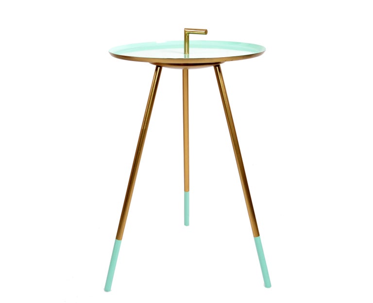 Mid-Century Modern Round Three-Legged Brass and Turquoise Enamel Side ...