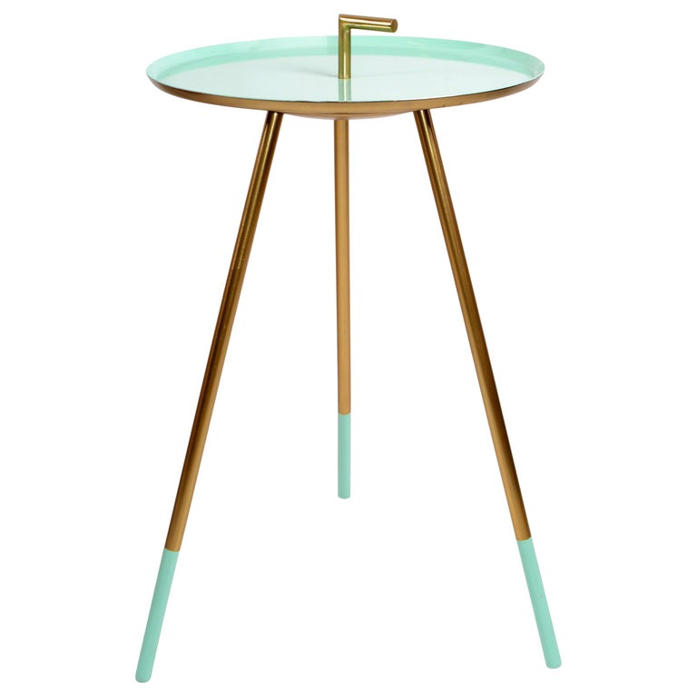 Mid-Century Modern Round Three-Legged Brass and Turquoise Enamel Side ...