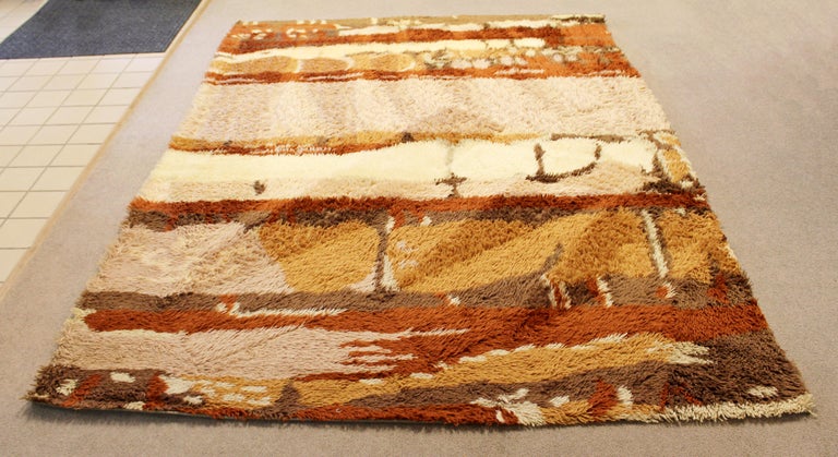 Mid-Century Modern Rust Brown Cream Rectangular Danish Rya Shag Area ...