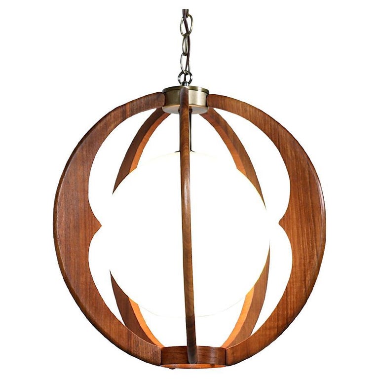 Mid-Century Modern Sculpted Walnut and Glass Sphere Pendant Chandelier ...