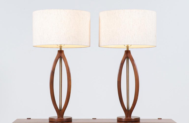 Mid-Century Modern Sculpted Walnut with Brass Accent Table Lamps at 1stDibs