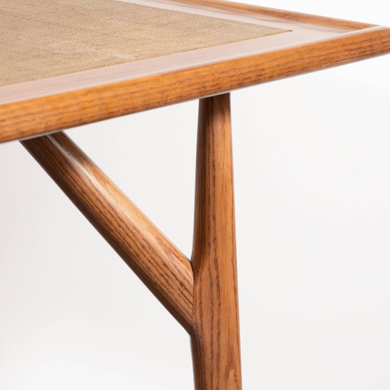 Mid-Century Modern Sculptural White Oak Table with Wrapped Linen Top ...