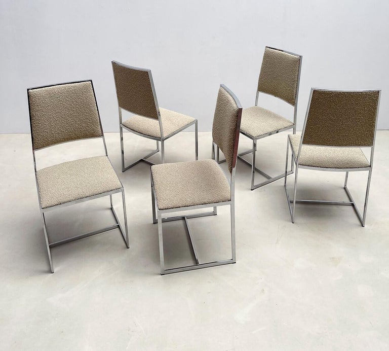 Mid-Century Modern Set of 5 Chairs Willy Rizzo Style, Chrome and Boucle ...