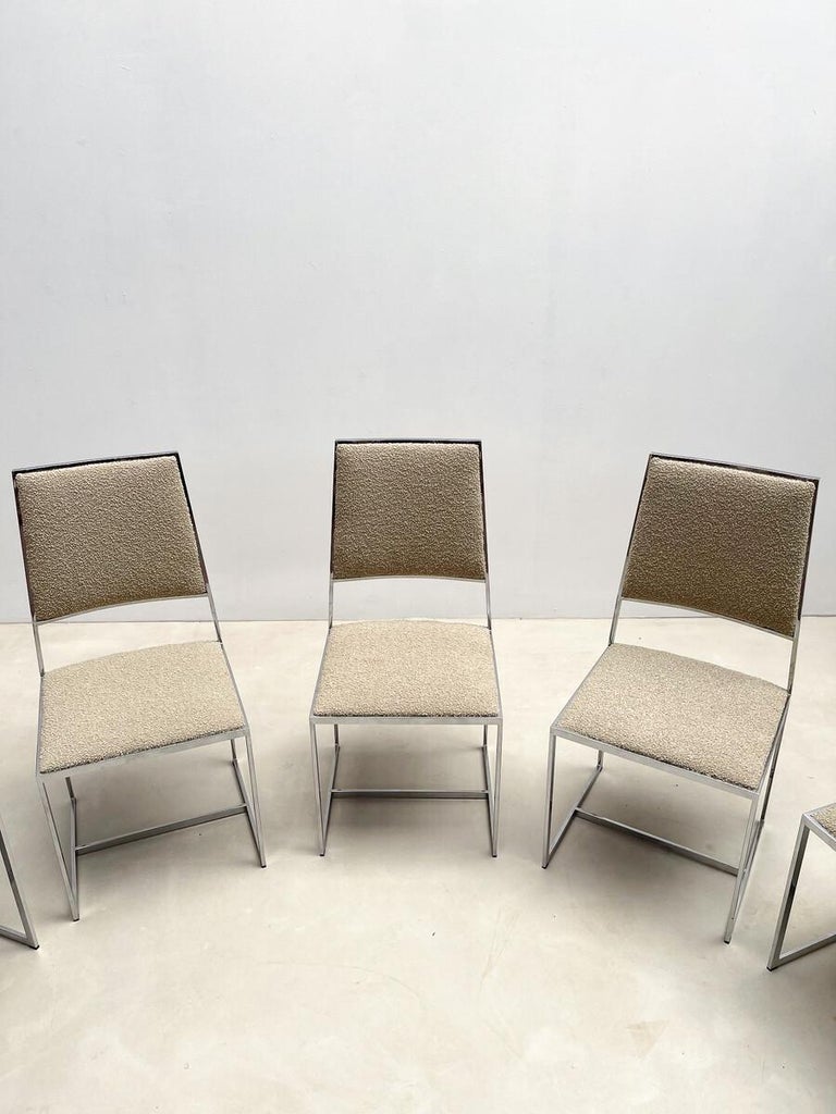 Mid-Century Modern Set of 5 Chairs Willy Rizzo Style, Chrome and Boucle ...