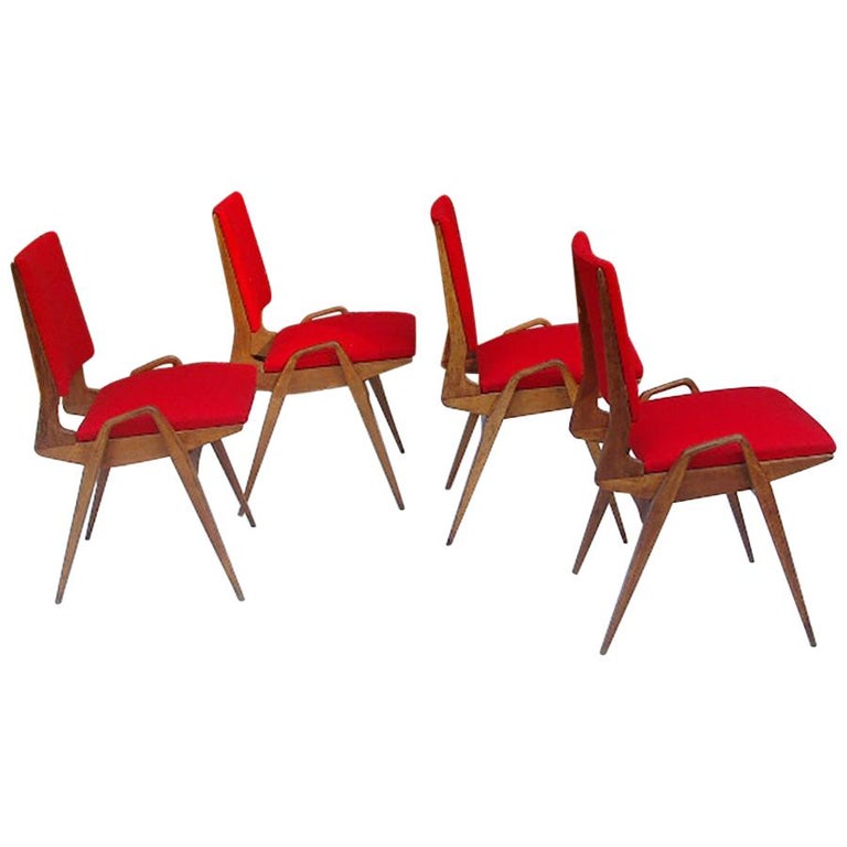 Mid-Century Modern Set of Four Red Chairs with Armrests in Wood, France ...